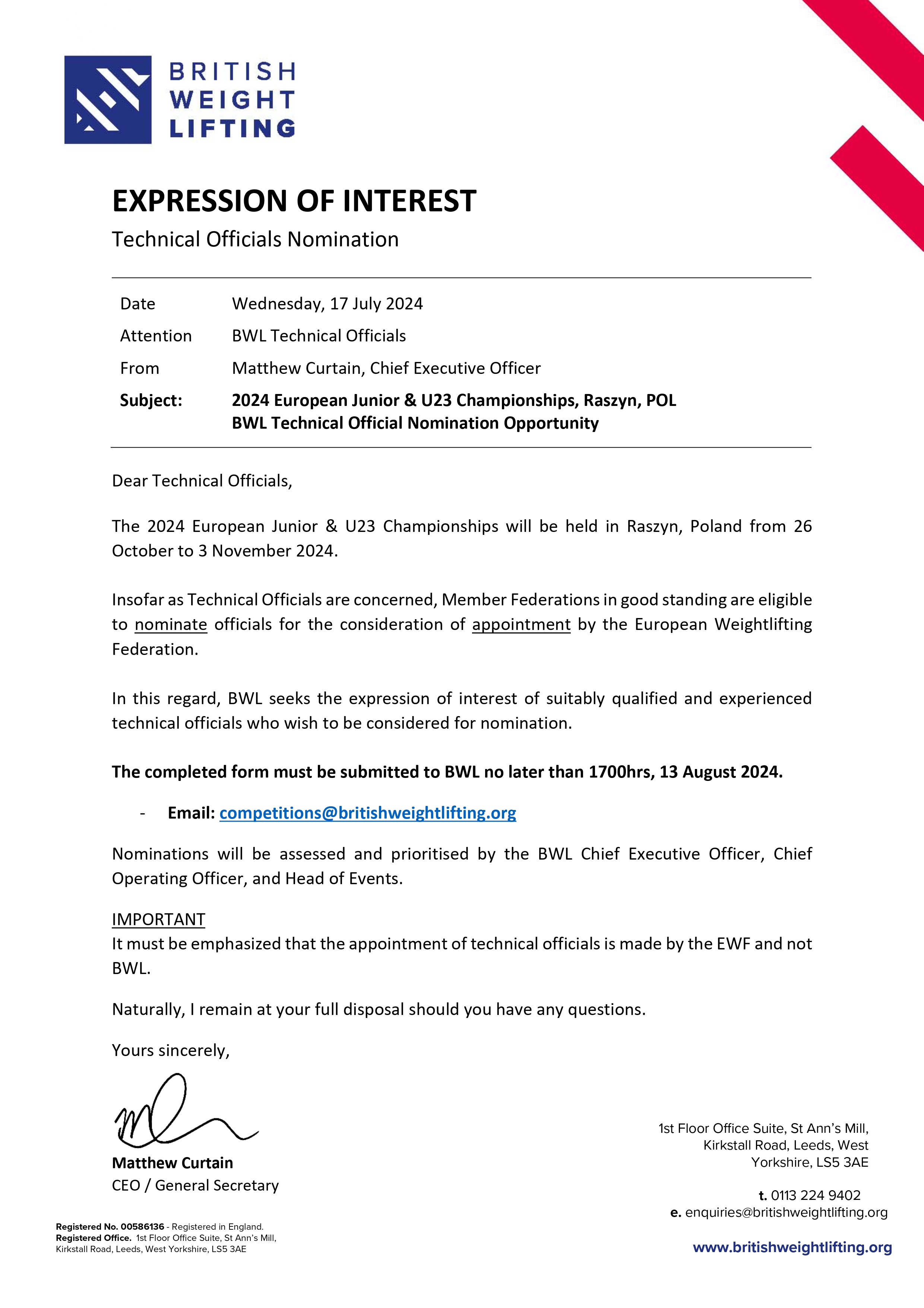 2024 European Junior & U23 Championships TO EOI - British Weight Lifting